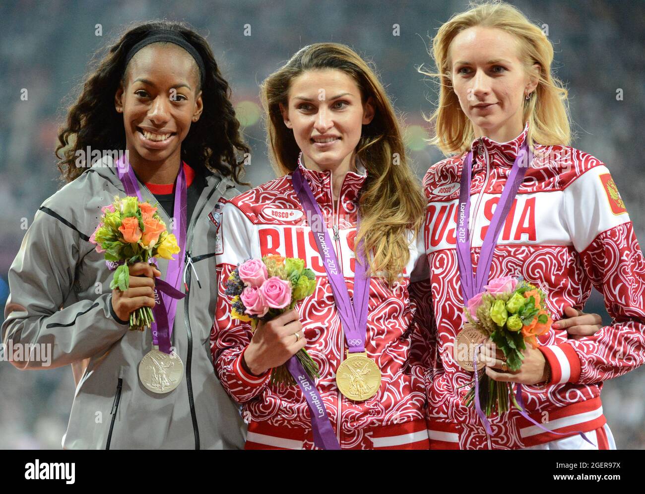 Anna Chicherova, Brigetta Barrett, and Svetlana Shkolina celebrate ...