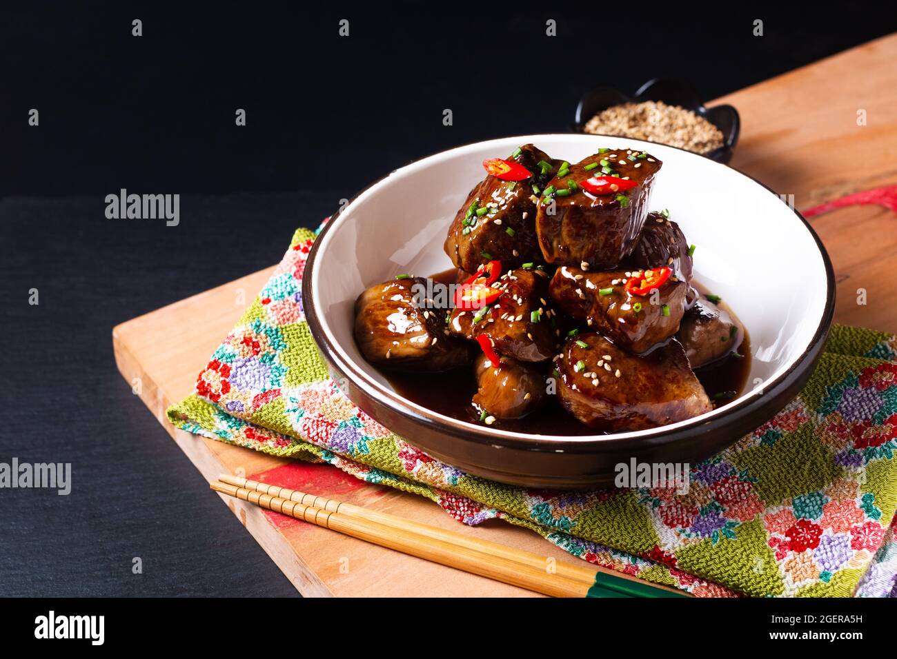 Food concept Homemade dice beef steak Teriyaki on wooden board with ...