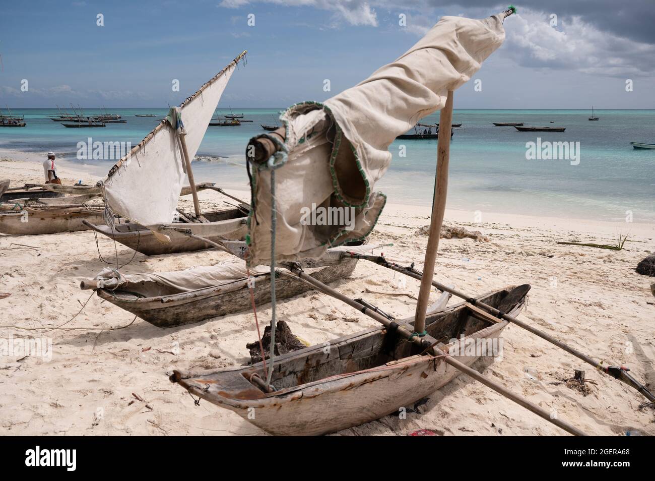 Nungwi, Tanzania. 31st July, 2021. Fishing boats lie on the beach ...