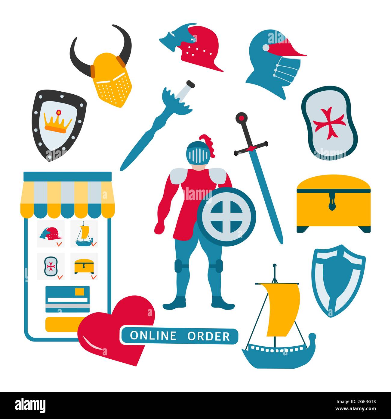 Vector illustration Online order Kid toys Knight, sword, shield, helmet ...