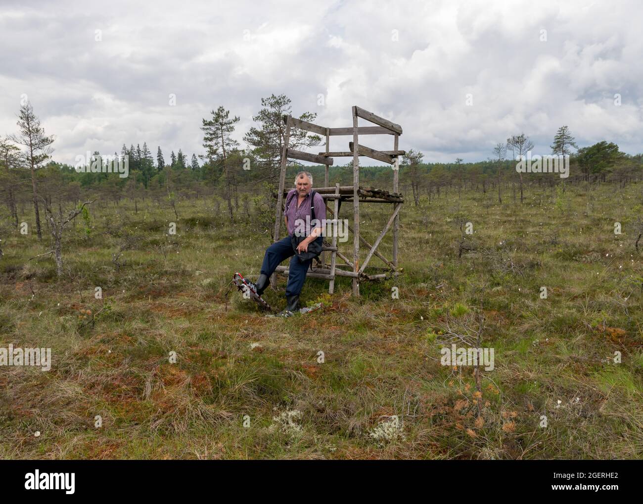 simple wooden hunting tower in the swamp, a man resting at the hunting ...