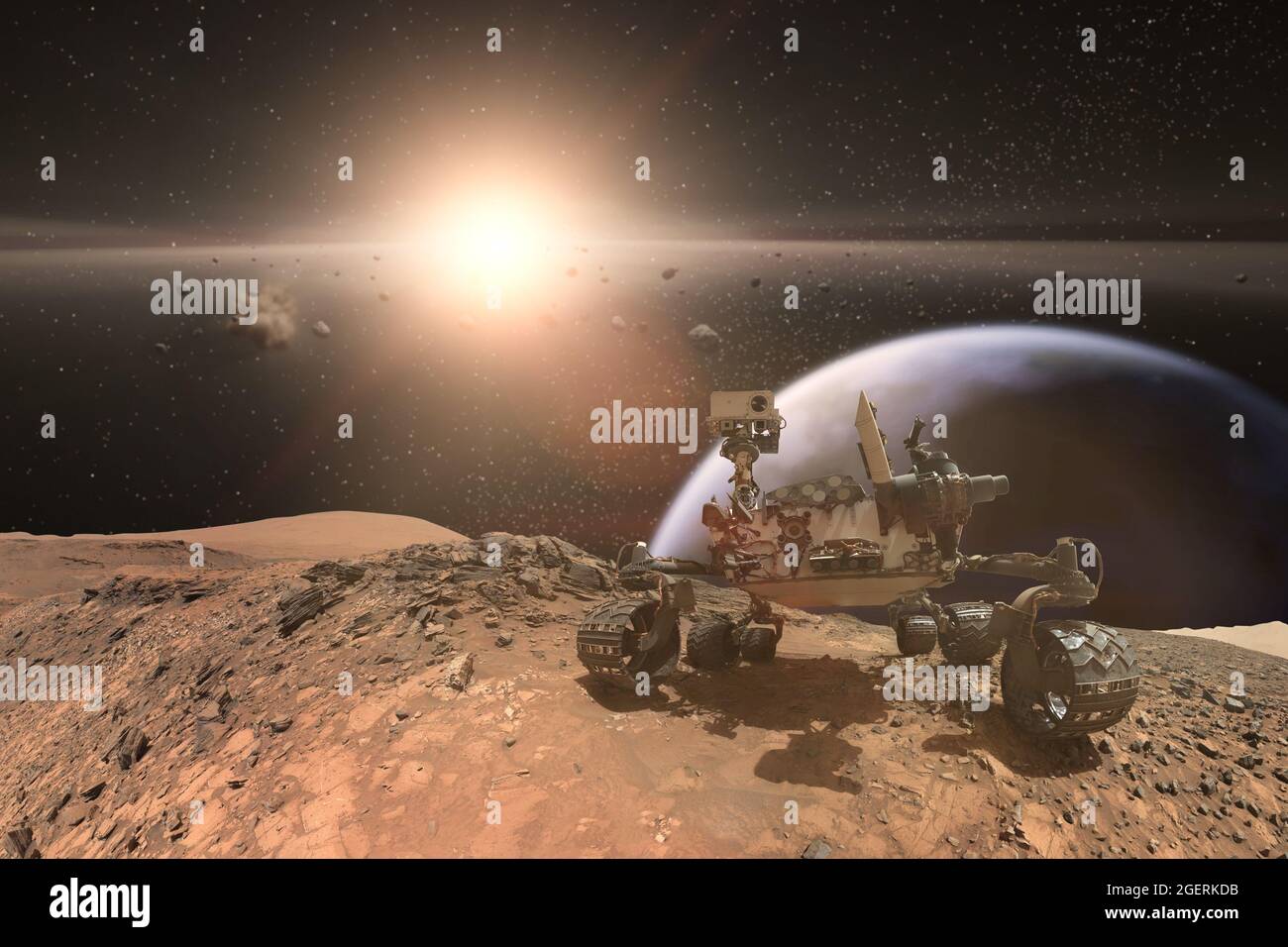 Curiosity Mars Rover exploring the surface of red planet. Elements of ...