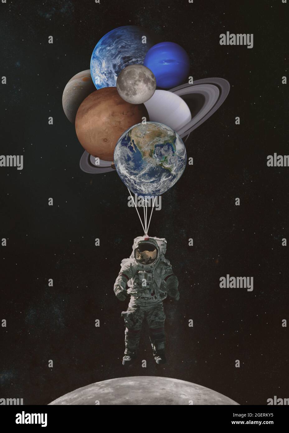 Astronaut spaceman with planets shaped balloons in solar system ...