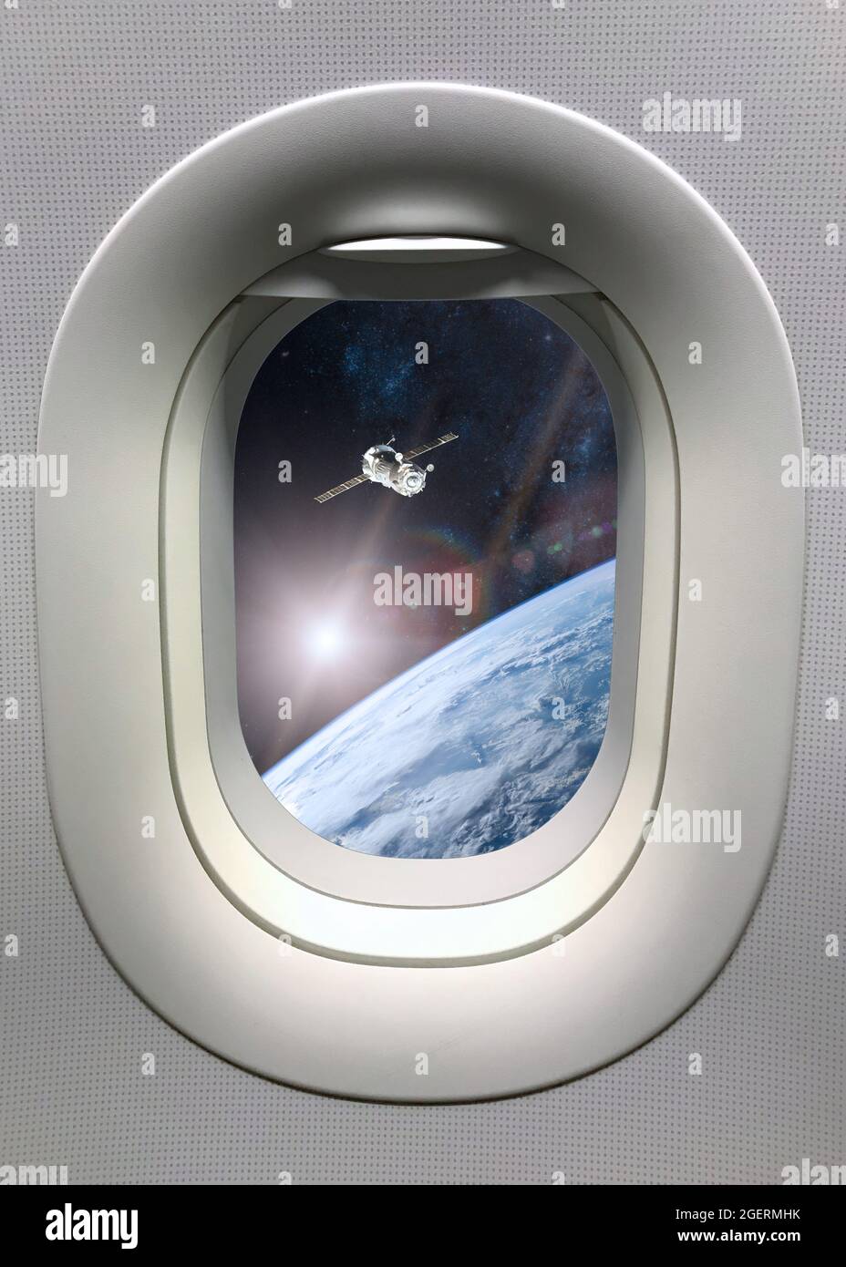 View from porthole window on spacecraft launch into space. Elements of ...