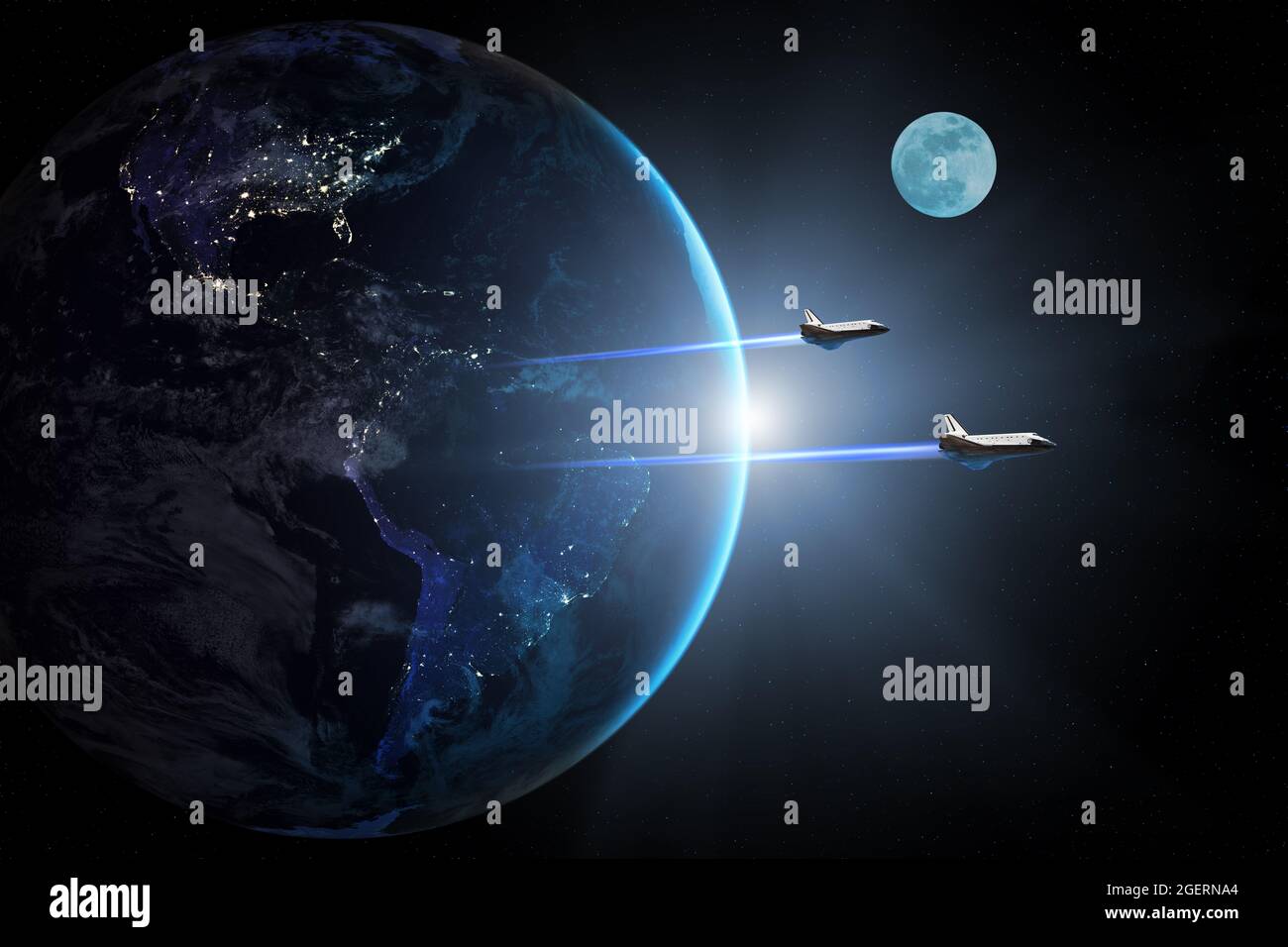 Blue planet Earth. Space shuttles taking off on a mission. Elements of ...