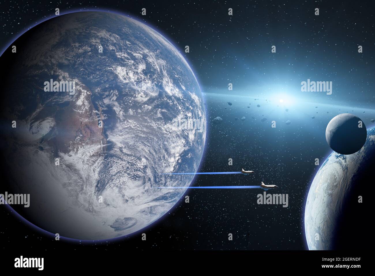 Blue planet Earth. Space shuttles taking off on a mission. Elements of ...