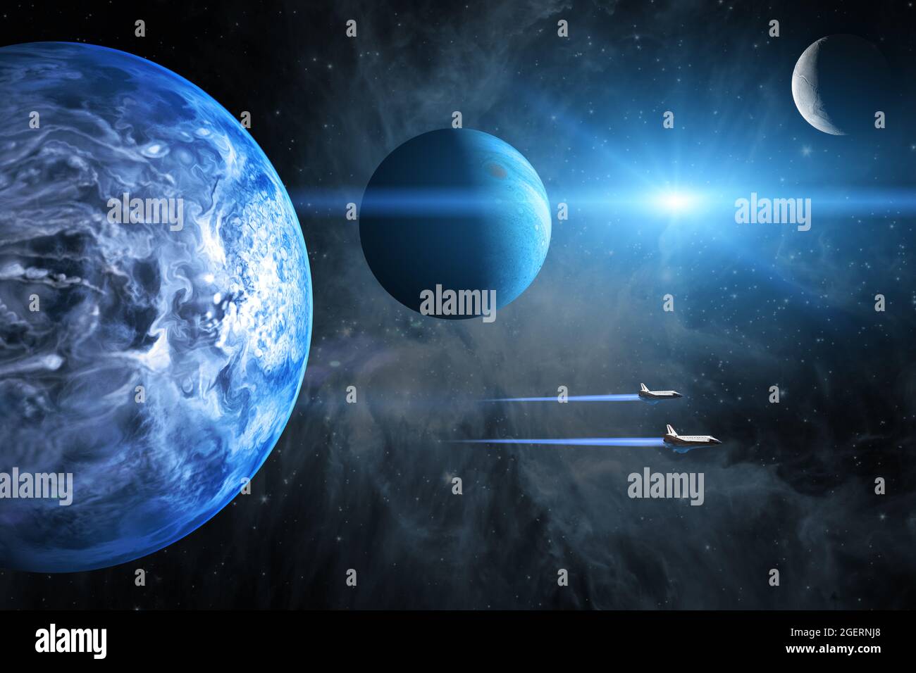 Blue planet. Space shuttles taking off on a mission. Elements of this ...