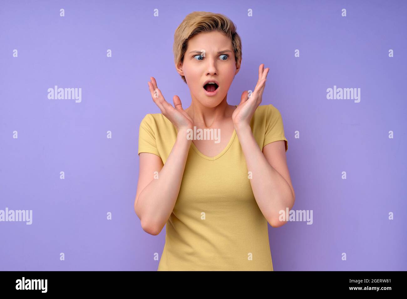 portrait of attractive lovable cute worried nervous , shocked short ...