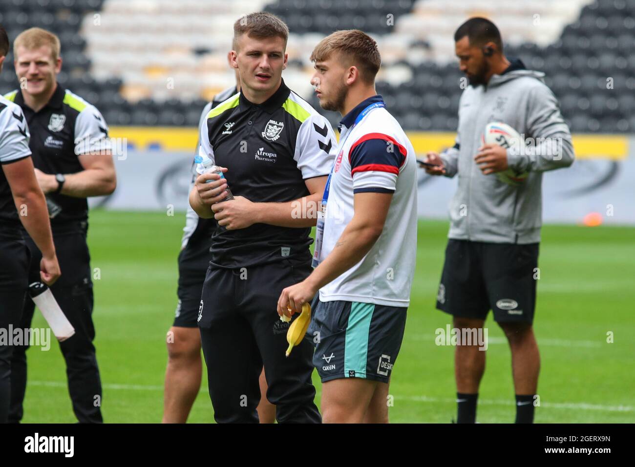 Hull FC Connor Wynne and Hull KR Mikey Lewis chat before the kick off ...