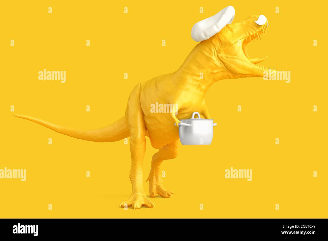 Tyrannosaurus Chef with saucepan. Cooking concept. 3D rendering Stock ...