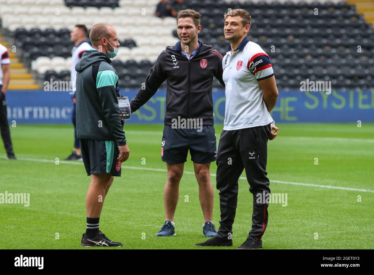 Hull KR players inspect the pitch prior to the kick off in, on 8/21 ...
