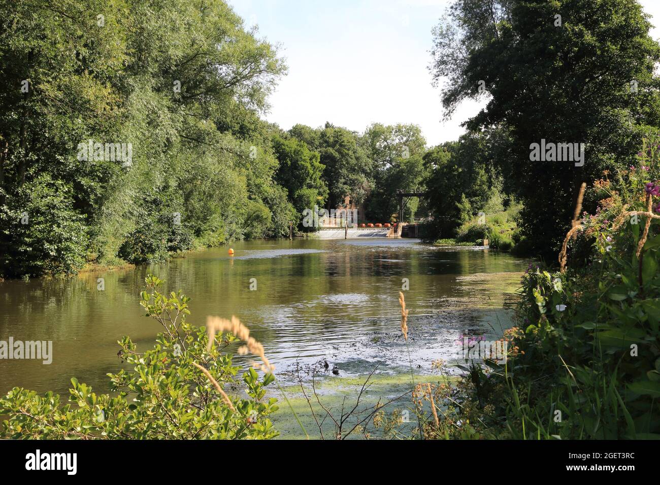 View of Teston Lock and the Medway river from tow path near Teston ...