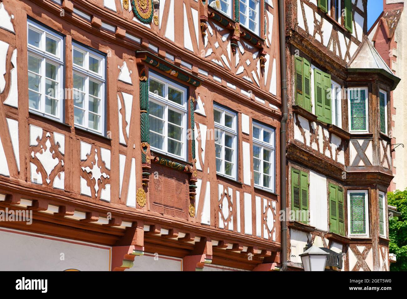 Mosbach, Germany - June 2021: Part of facade of old historic timber ...