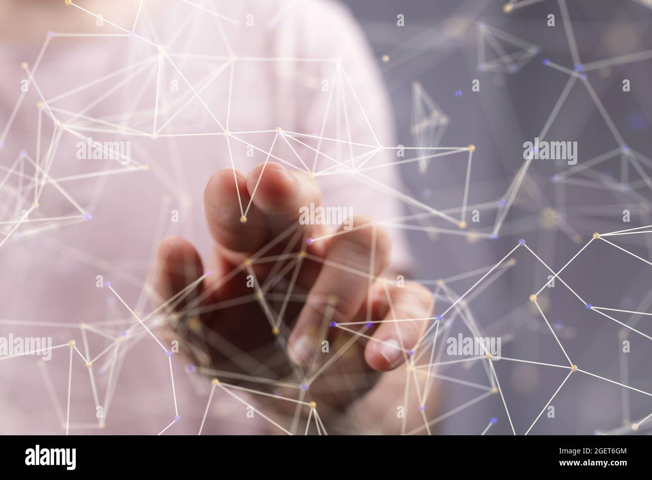 Male's hand pointing to an illustrated organization chart team concept ...