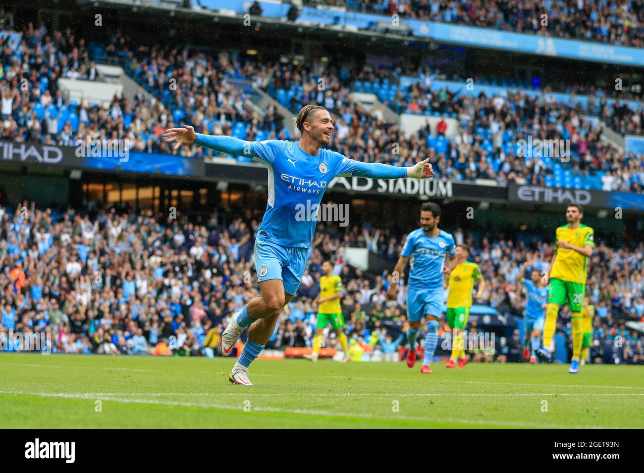 CELEBRATION Jack Grealish #10 of Manchester City celebrates scoring to ...