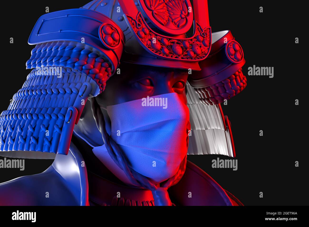Portrait of Samurai wearing medical protective face mask. 3D ...