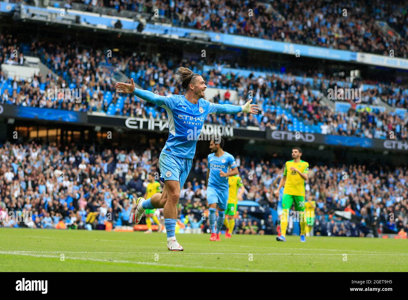 CELEBRATION Jack Grealish #10 of Manchester City celebrates scoring to ...