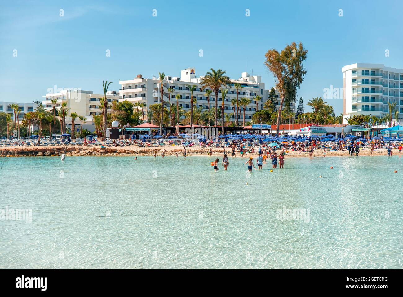 AGIA NAPA, CYPRUS - April 3, 2016: Famous blue flagged Nissi beach ...