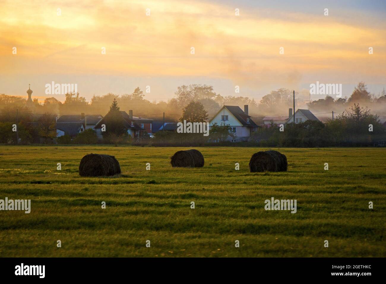 Panorama of haystack valley at the sunset time Stock Photo - Alamy