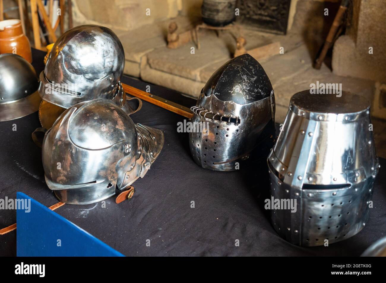 Close-up shot of medieval knight armor helmets in the castle of ...