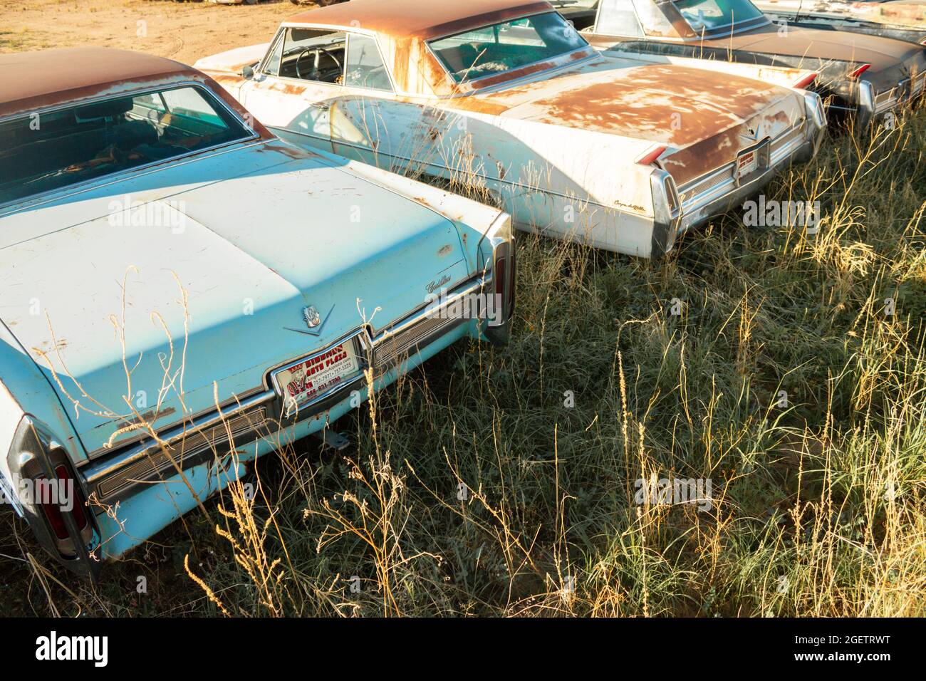 vintage American Cadillac Coupe de ville cars in a desert junk yard ...