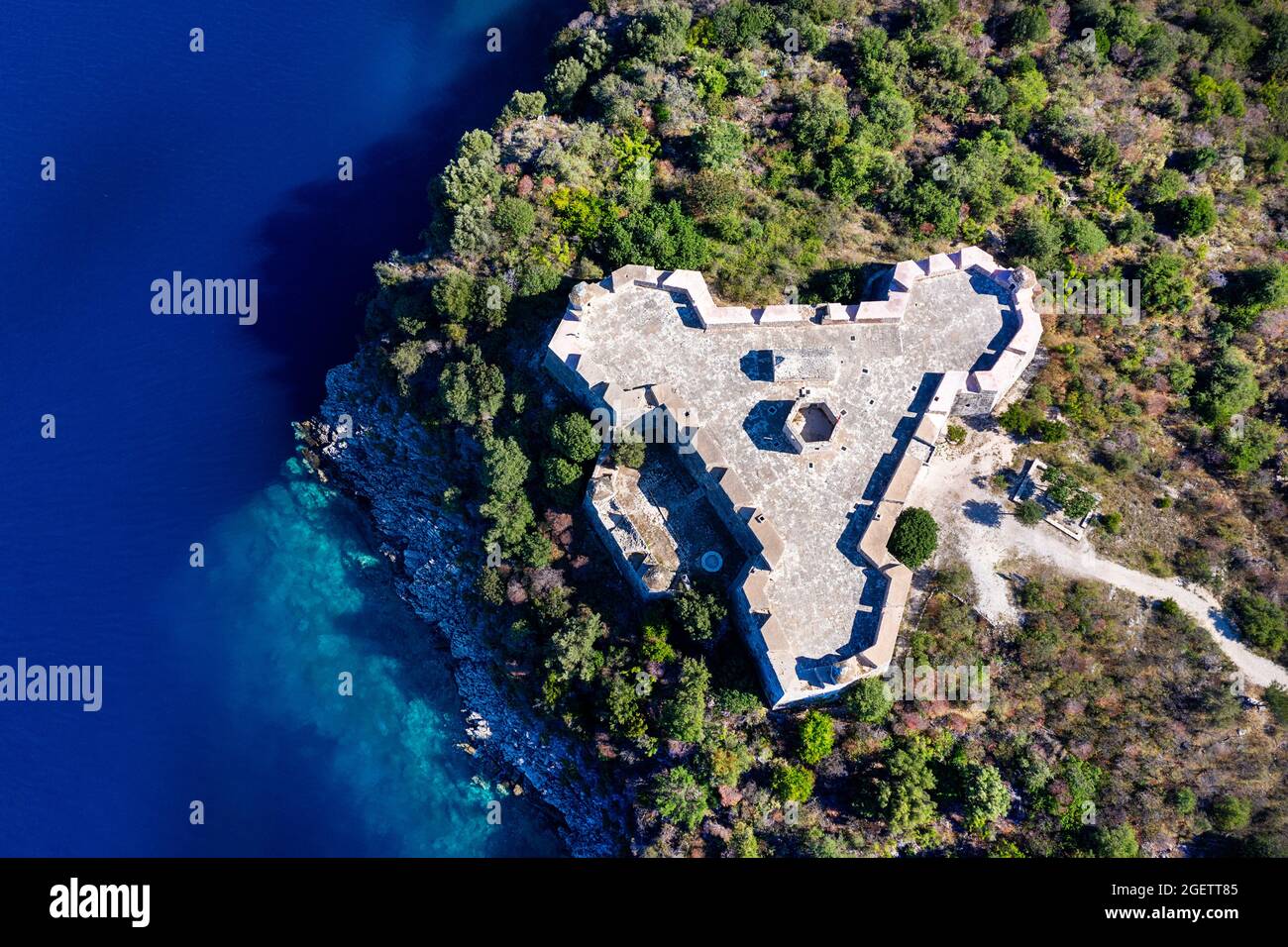 Aerial view of Ali Pasha fortress, Porto Palermo, taken by drone, South ...