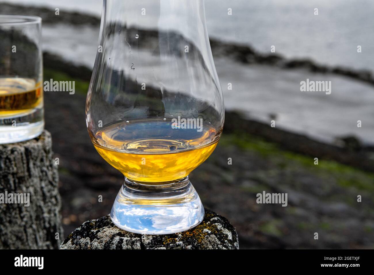 Tasting of dram single malt scotch whisky on seashore in Scotland, old ...