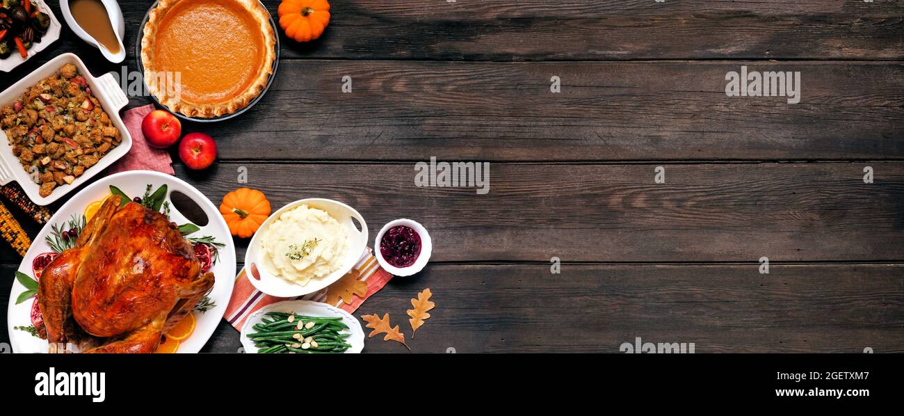 Traditional Thanksgiving turkey dinner. Top down view corner border on ...