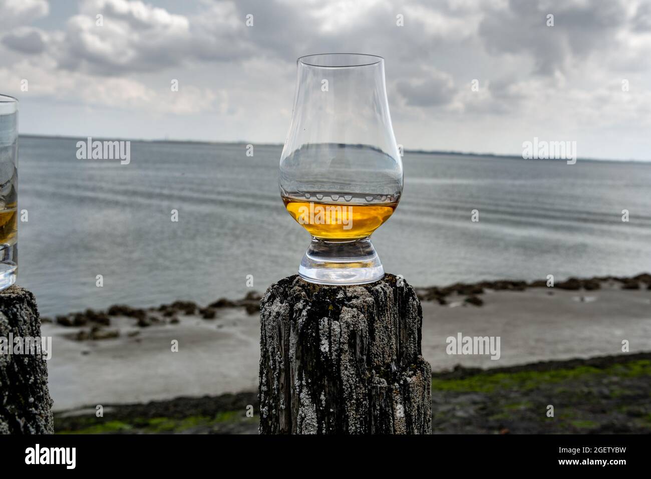 Tasting of dram single malt scotch whisky on seashore in Scotland, old ...