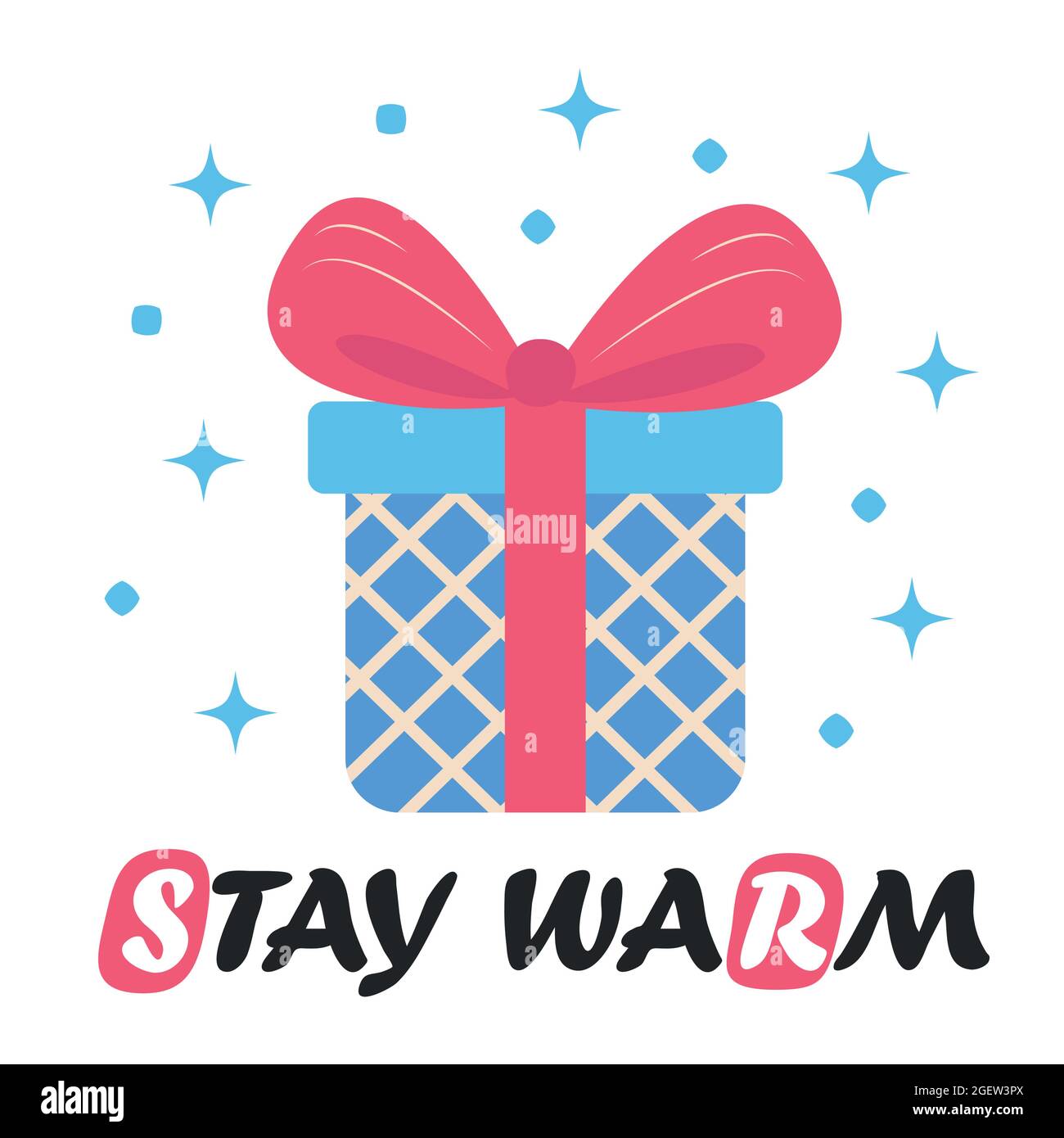 Merry Christmas card with blue gift box. Simple flat postcard winter ...