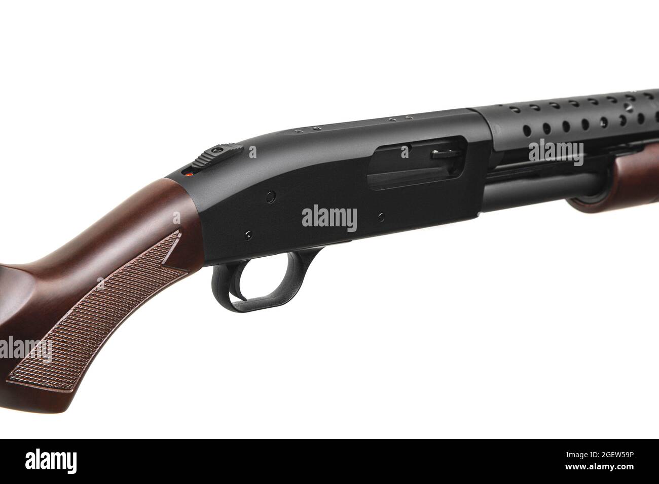 Pump-action 12 gauge shotgun isolated on a white background. A smooth ...