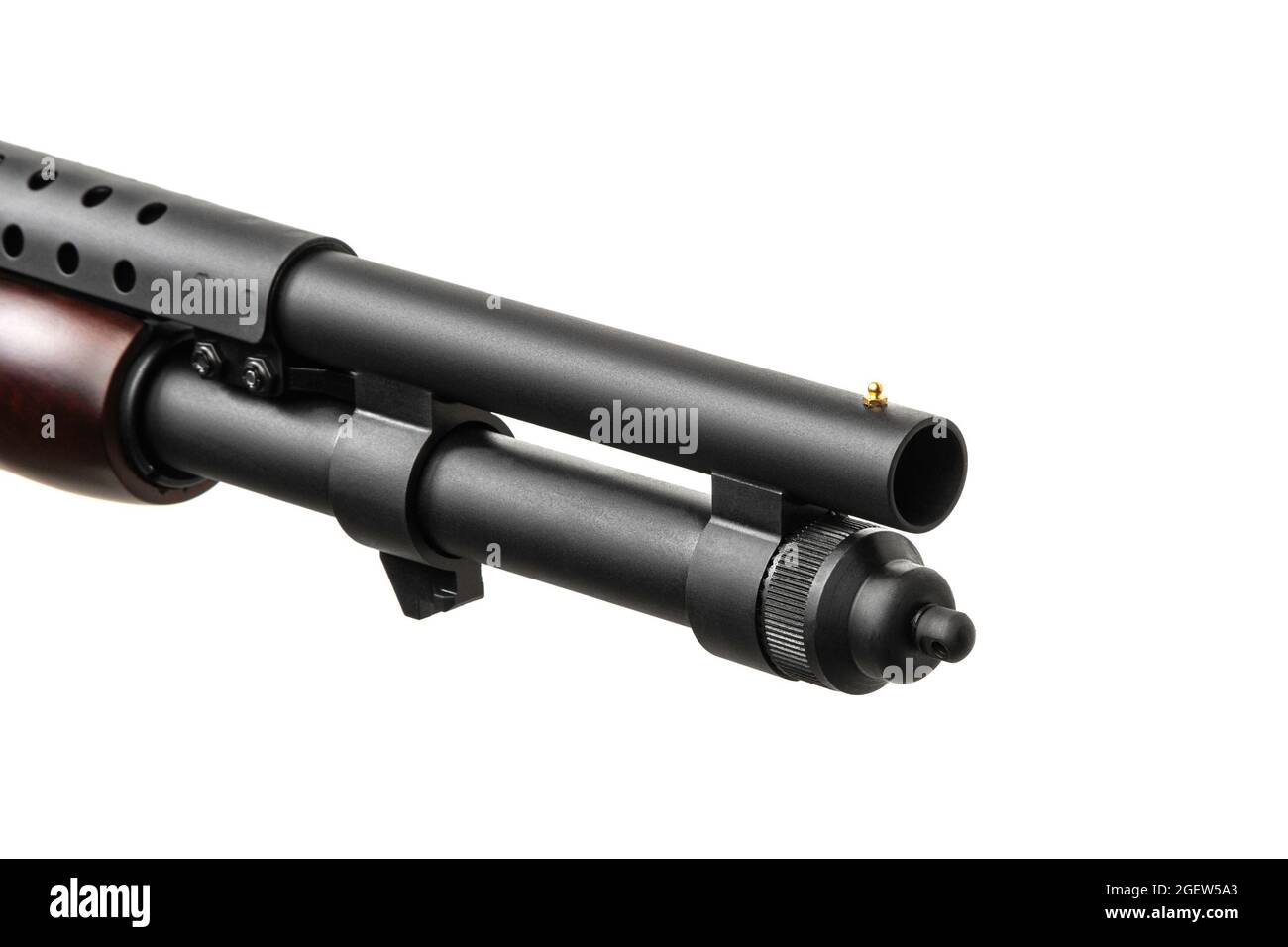 Pump-action 12 gauge shotgun isolated on a white background. A smooth ...