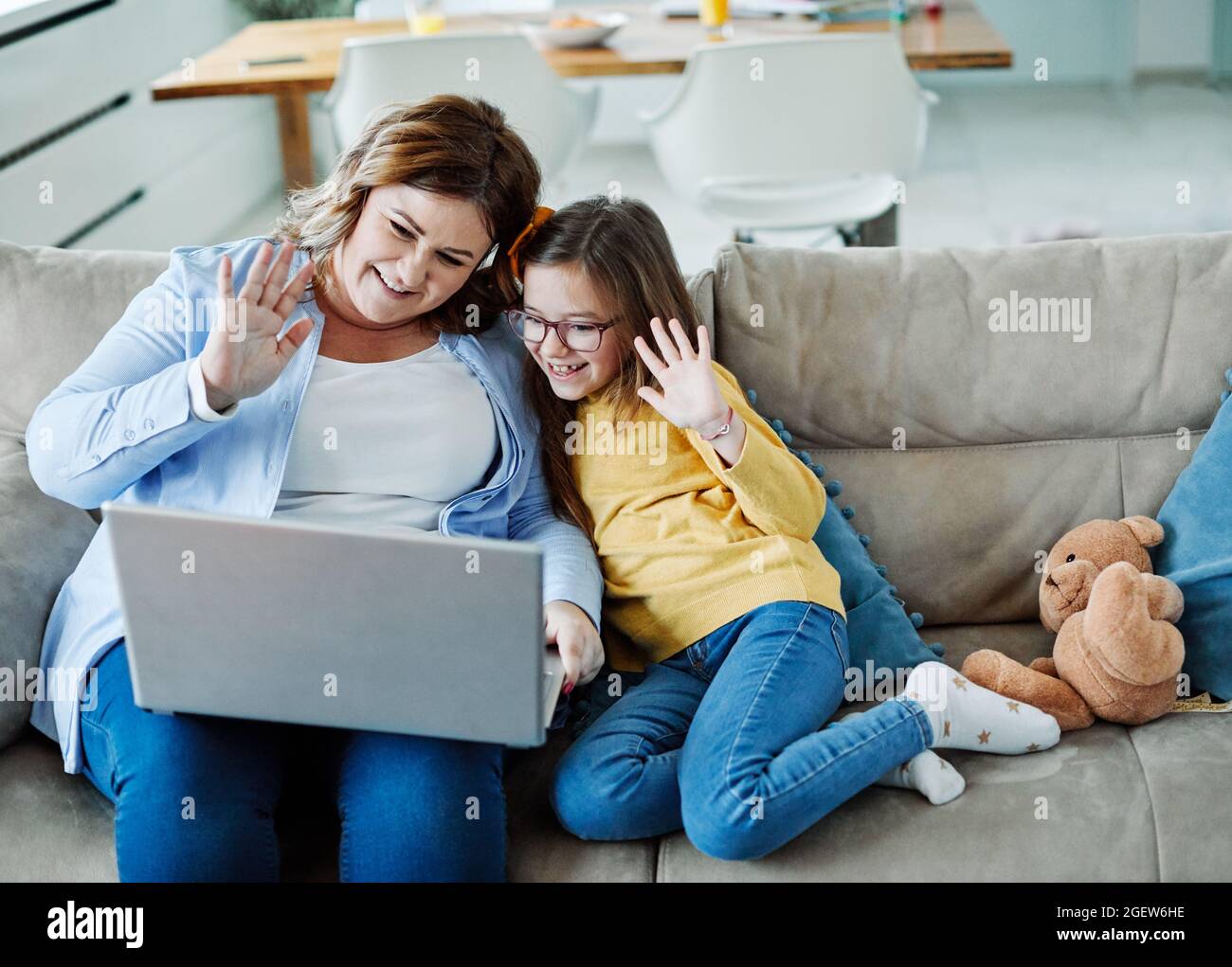 laptop computer video call chatting mother children daughter girl ...