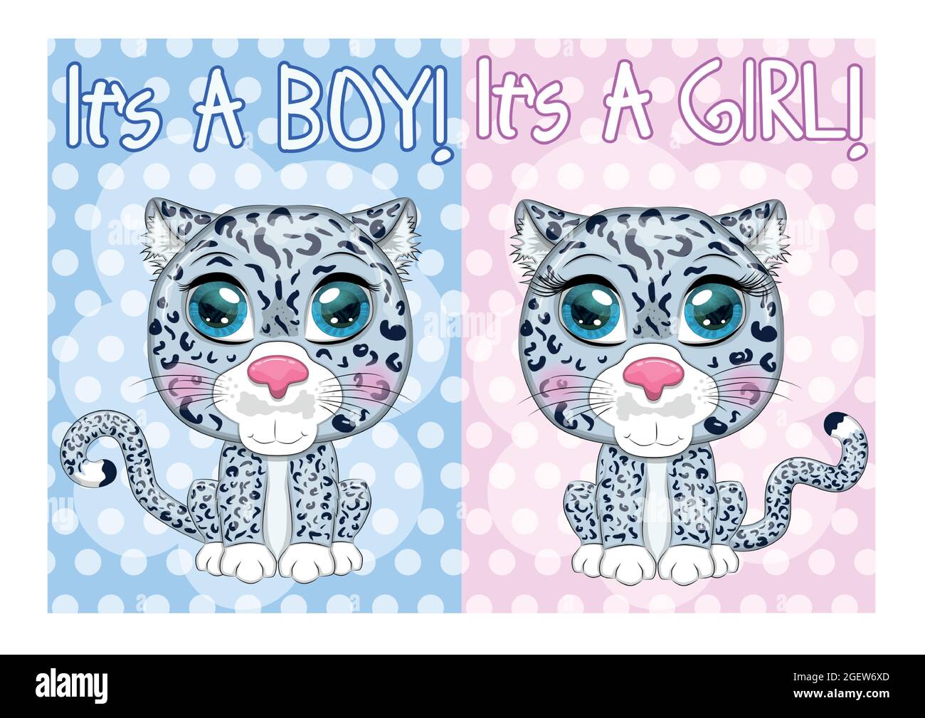 Baby Shower greeting card with Cute boy and girl. Cartoon snow leopard ...
