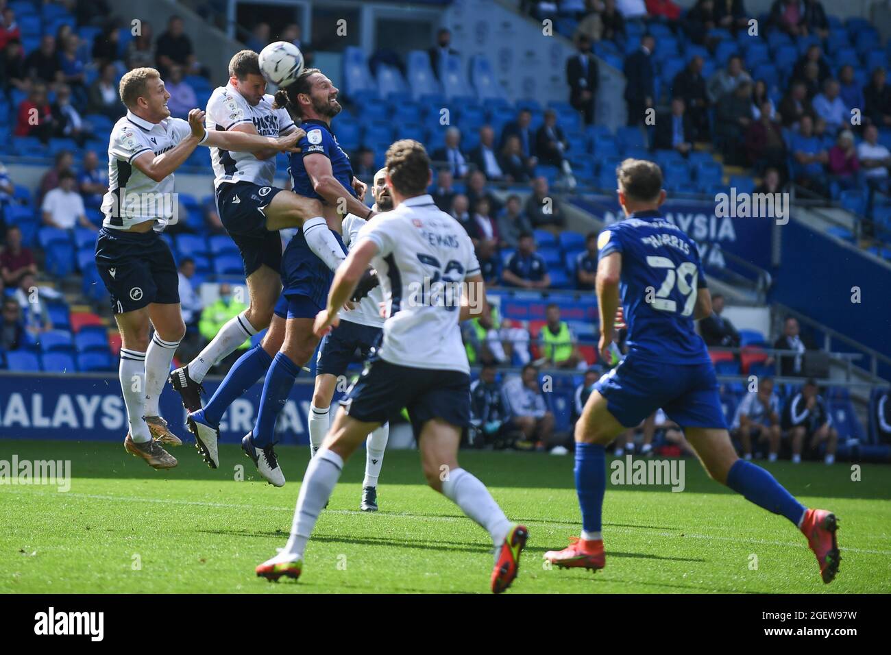 Sean Morrison #4 of Cardiff City challenges the Millwall defence Stock ...