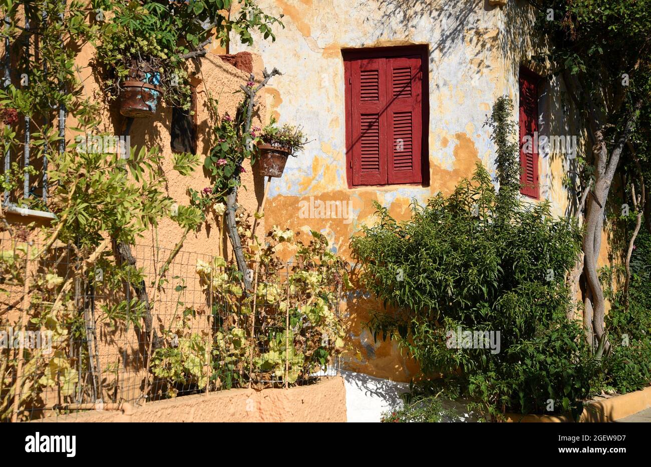 Old rustic house window with red wooden shutters on a faded ochre ...