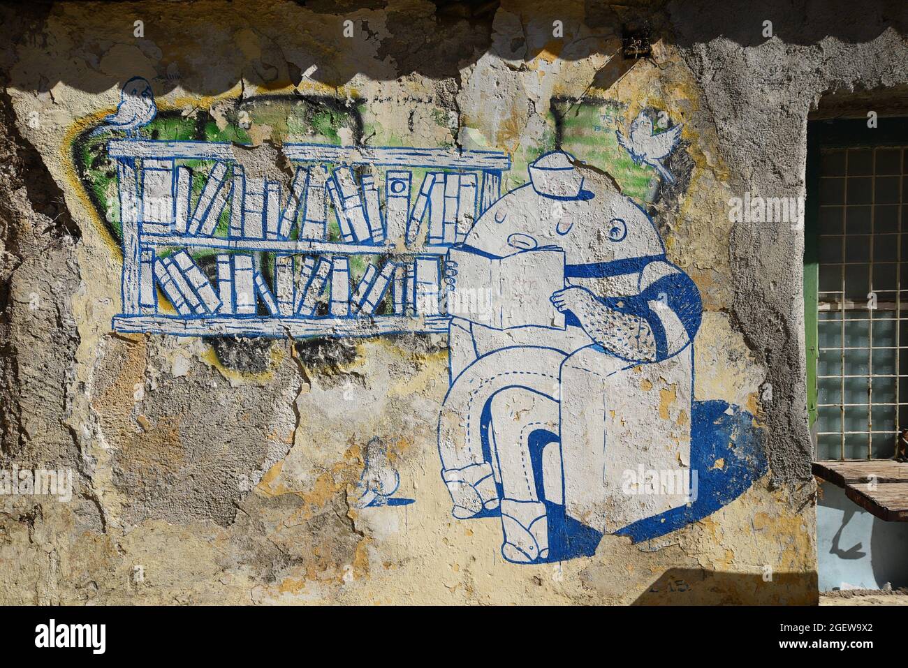 Rustic house green window with iron grilles on a weathered and faded ...