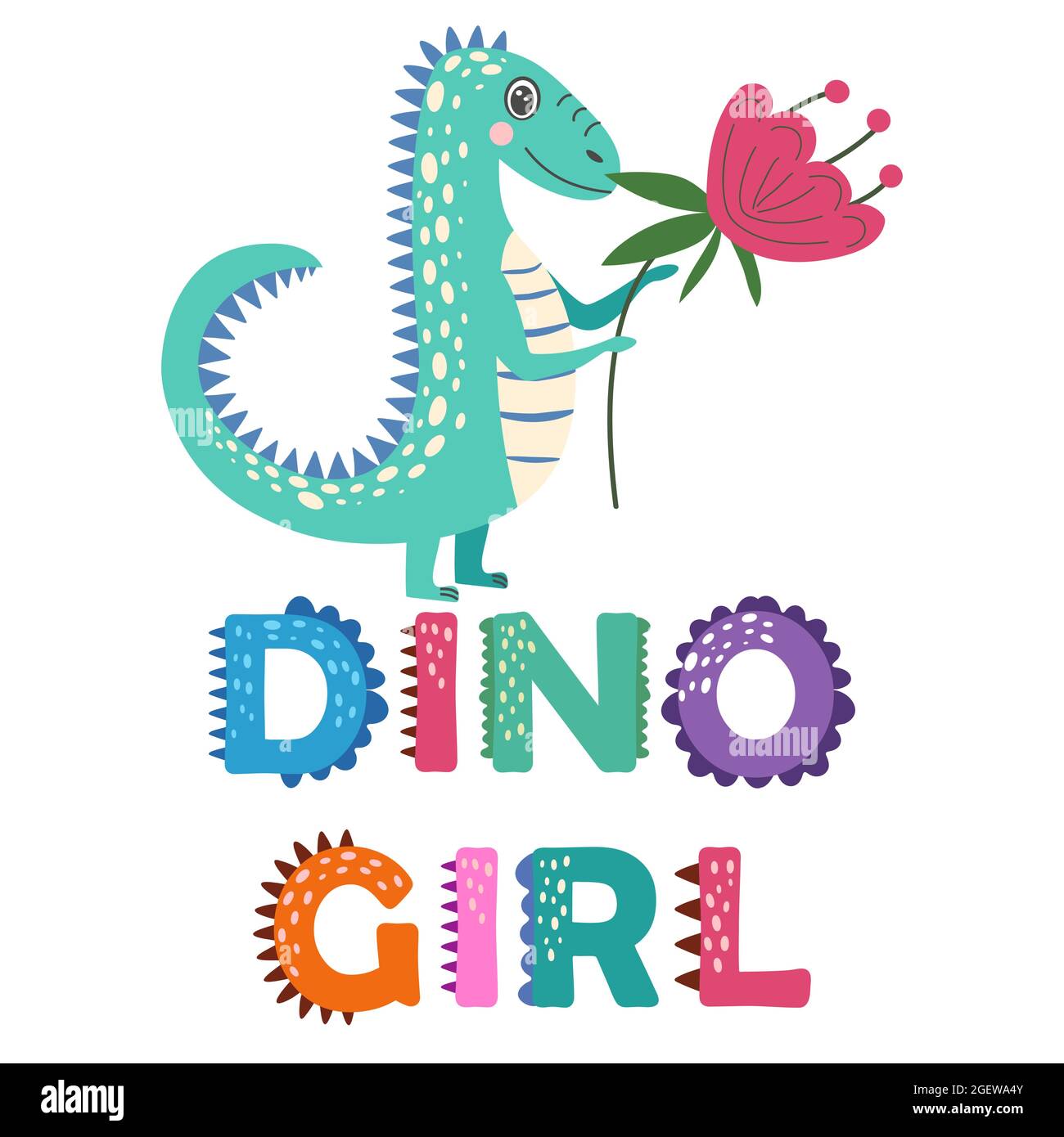 Dino girl. Dinosaur lettering. Childish design for birthday invitation ...