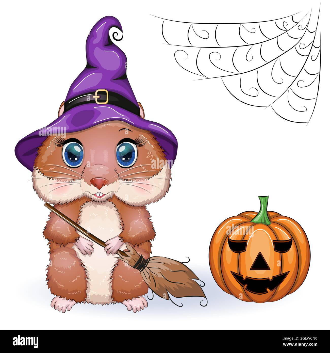 Cute cartoon hamster wearing wizard hat with broom and pumpkins ...