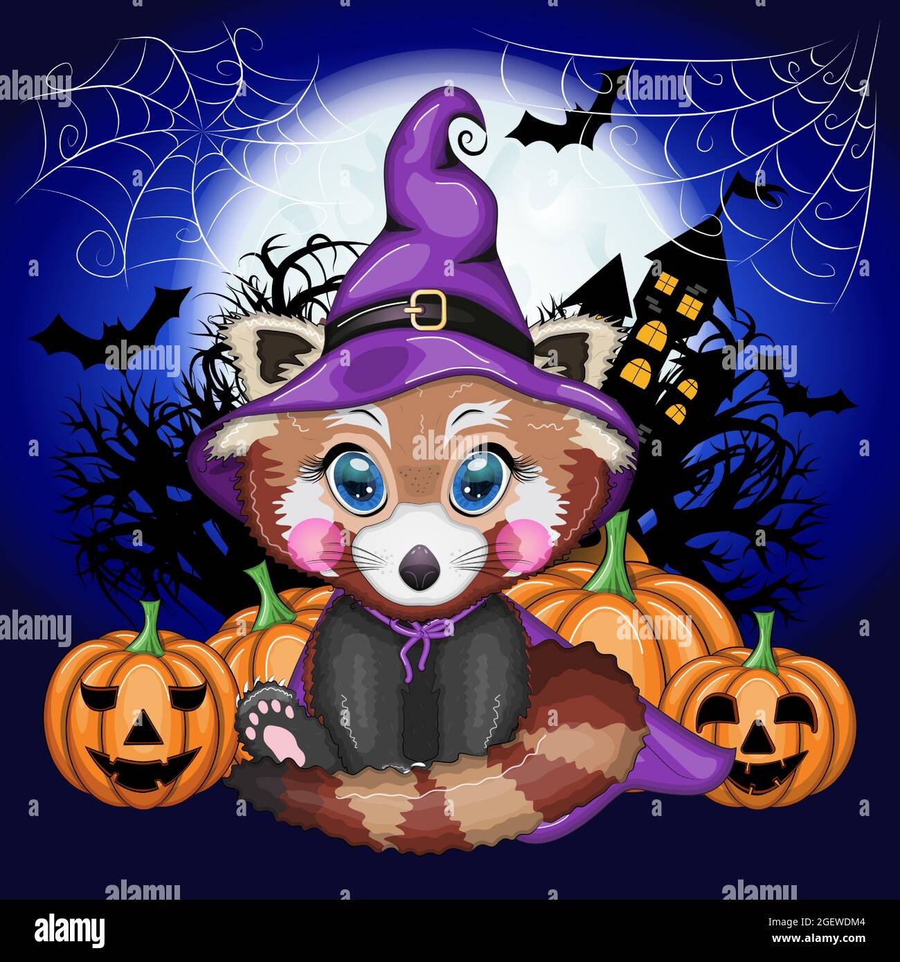 Cartoon red panda in a purple witch's hat and cloak with pumpkins ...