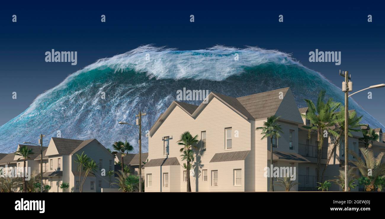 3D illustration tsunami wave apocalyptic water view urban flood Storm ...