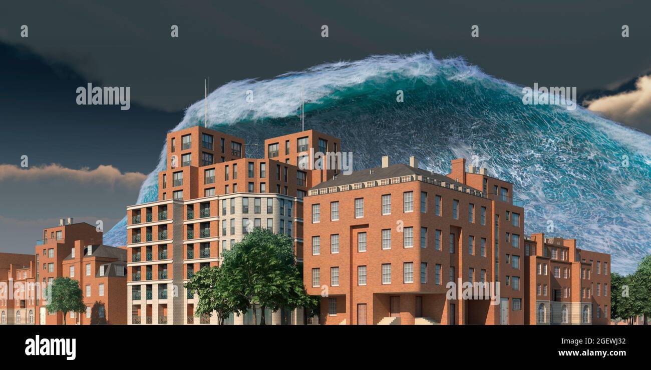 3D illustration tsunami wave apocalyptic water view urban flood Storm ...