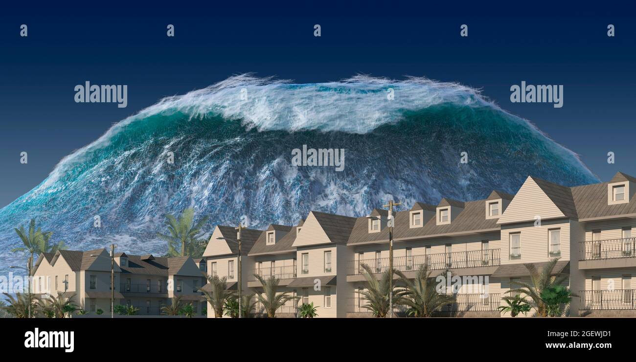 3D illustration tsunami wave apocalyptic water view urban flood Storm ...