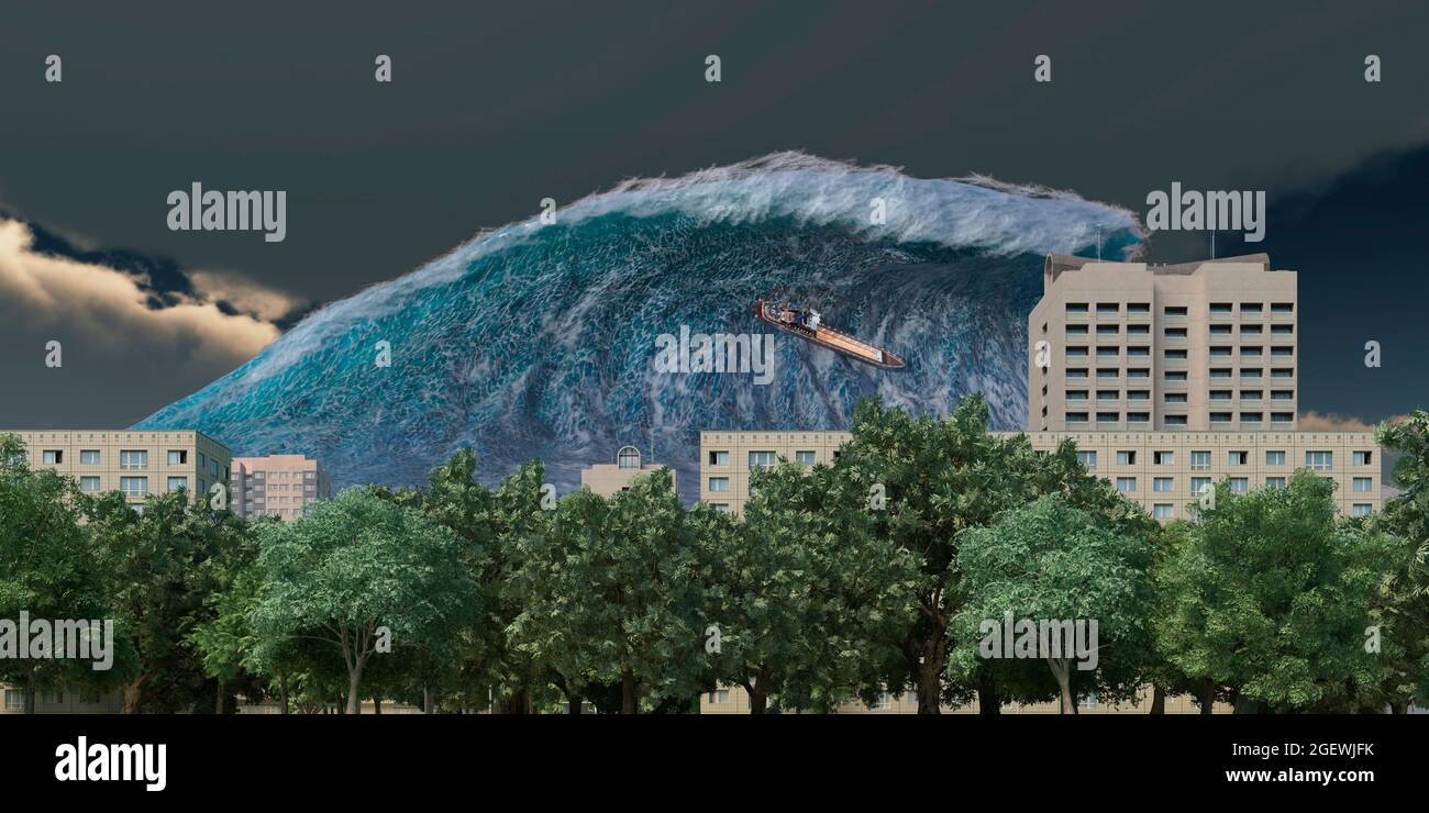 3D illustration tsunami wave apocalyptic water view urban flood Storm ...
