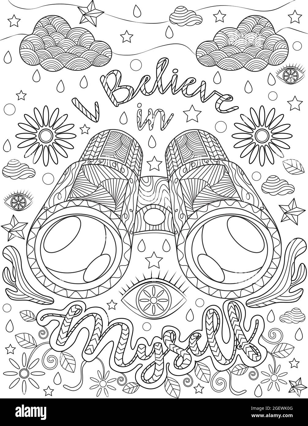 Binoculars Doodle Clouds Stars Water Drop Leaves Colorless Line Drawing ...