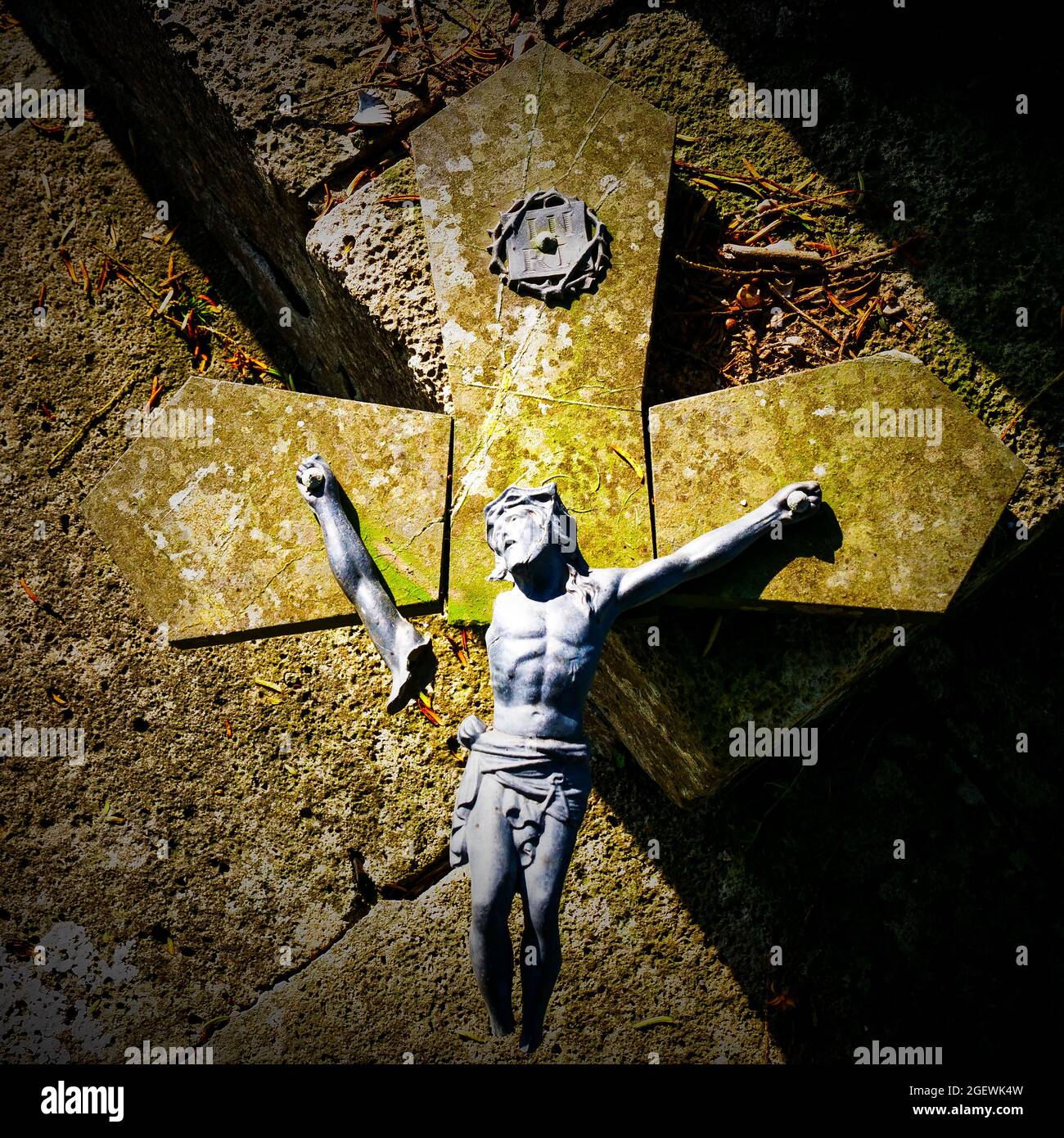 Broken crucifix, Saint-Honorine church Cemetery, Digitally filtered ...