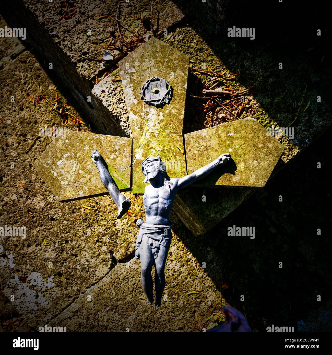 Broken crucifix, Saint-Honorine church Cemetery, Digitally filtered ...