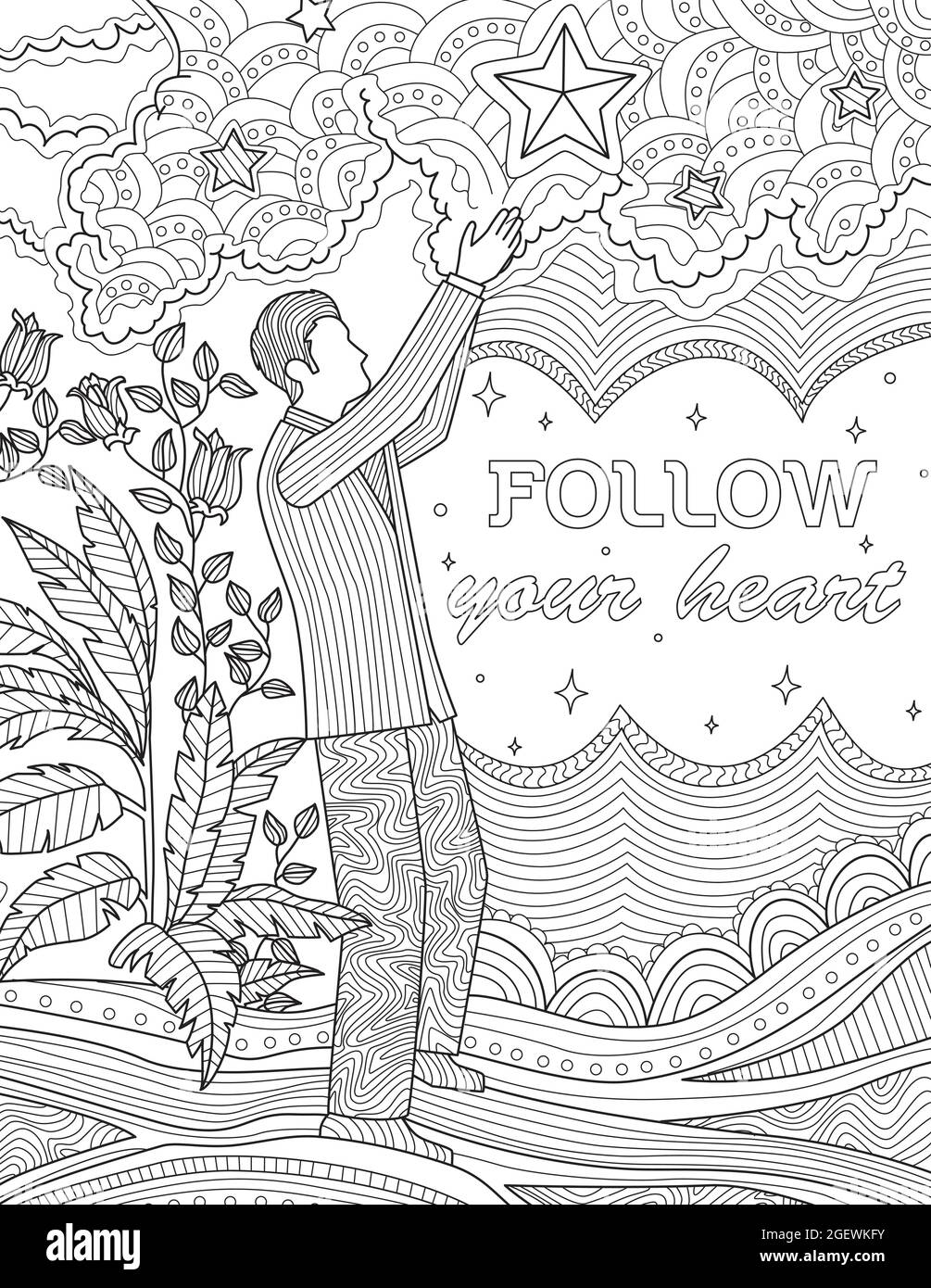 Man In Suit Standing Raising Hand Reaching Stars Beside Plants Line ...