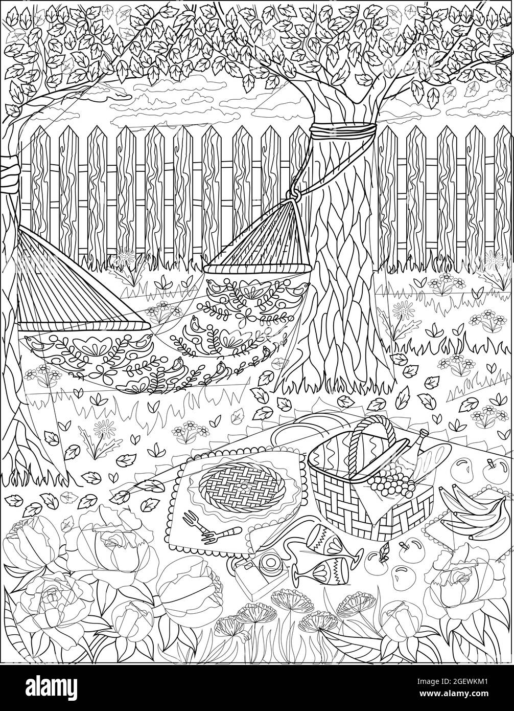 Backyard With Fences With Hammock Tied Between Trees Beside A Picnic ...