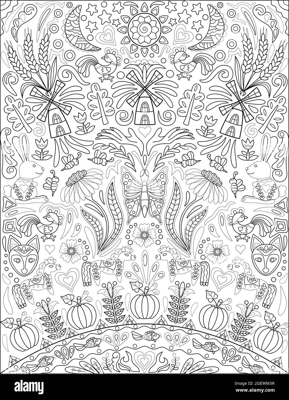 Nature Doodle Plants Flowers Animals Colorless Line Drawing. Doodling ...